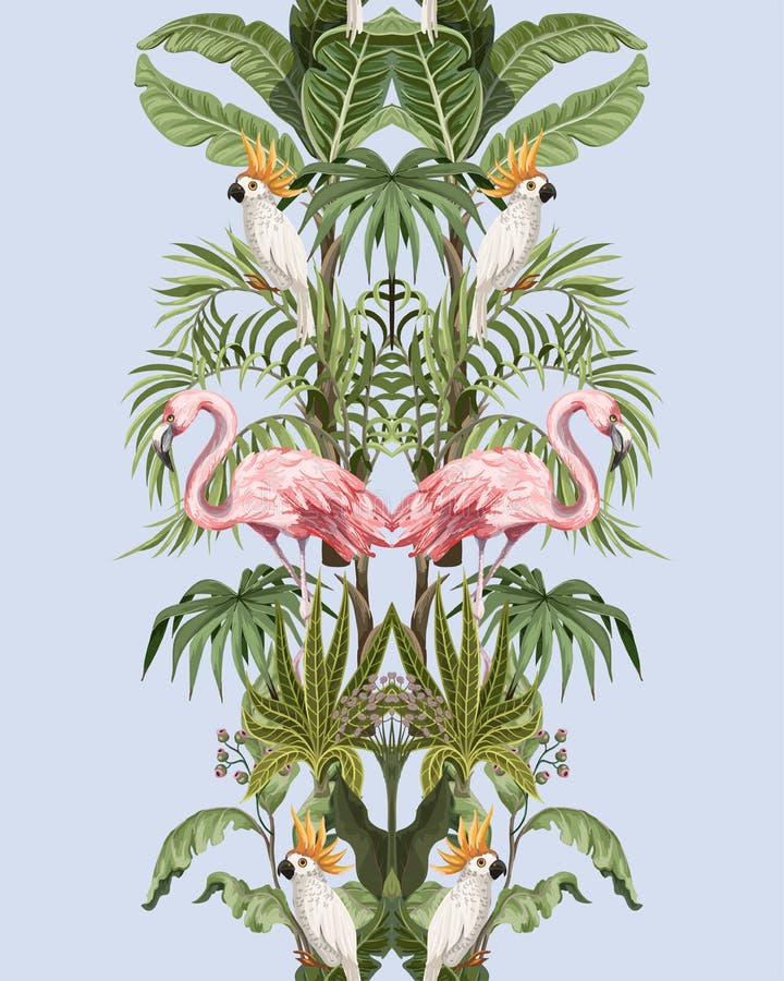 Seamless Border with Jungle Trees, Flamingo and Parrots. Vector. Stock ...
