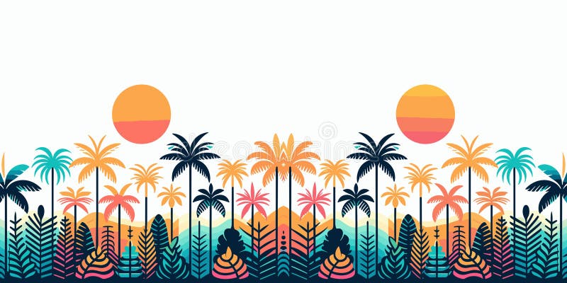 Seamless Border with Palm Trees and Sun, Tropical Summer Beach and ...