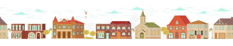 Seamless Border with Panorama Cute Town on White Stock Vector ...