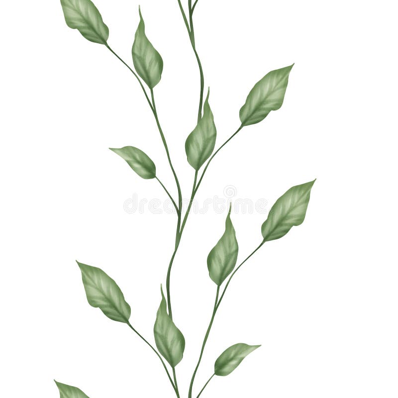 Seamless Border Pattern of Green Leaves on White Stock Illustration ...