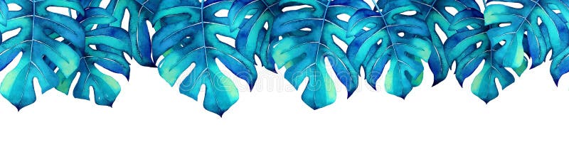 Seamless Border with Watercolor Blue Monstera Leaves Stock Illustration ...
