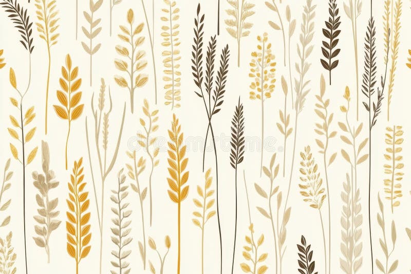 Seamless Botanical Pattern with Hand-Drawn Wheat and Leaves in Neutral ...