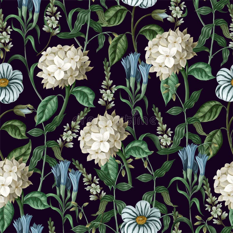 Seamless Botanical Pattern with Hydrangeas and Other Flowers. Vector ...