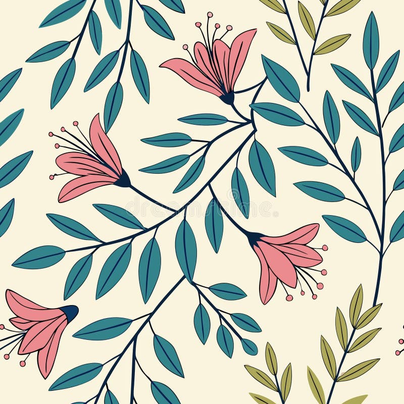 Seamless Botanical Pattern with Pink Flowers and Green Leaves on Cream ...