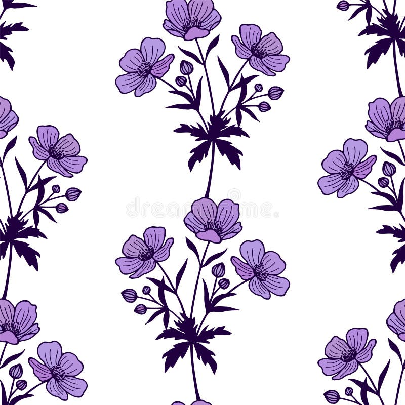 Seamless Botanical Pattern of Purple Flowers. Vector Stock Illustration ...