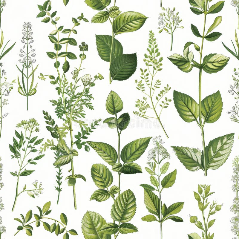 Seamless Botanical Pattern with Variety of Green Herbs and Foliage ...