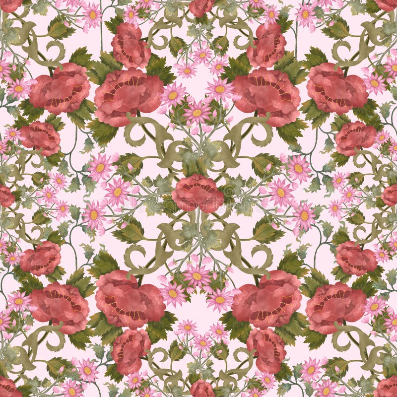 Seamless Botanical Print on Pink Background with Pink Flowers Stock ...