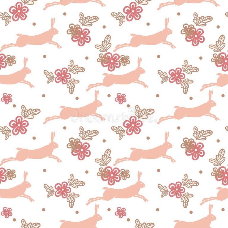 Seamless Bouncing Hare Pattern with Flowers. Hand-drawn Elements in a ...