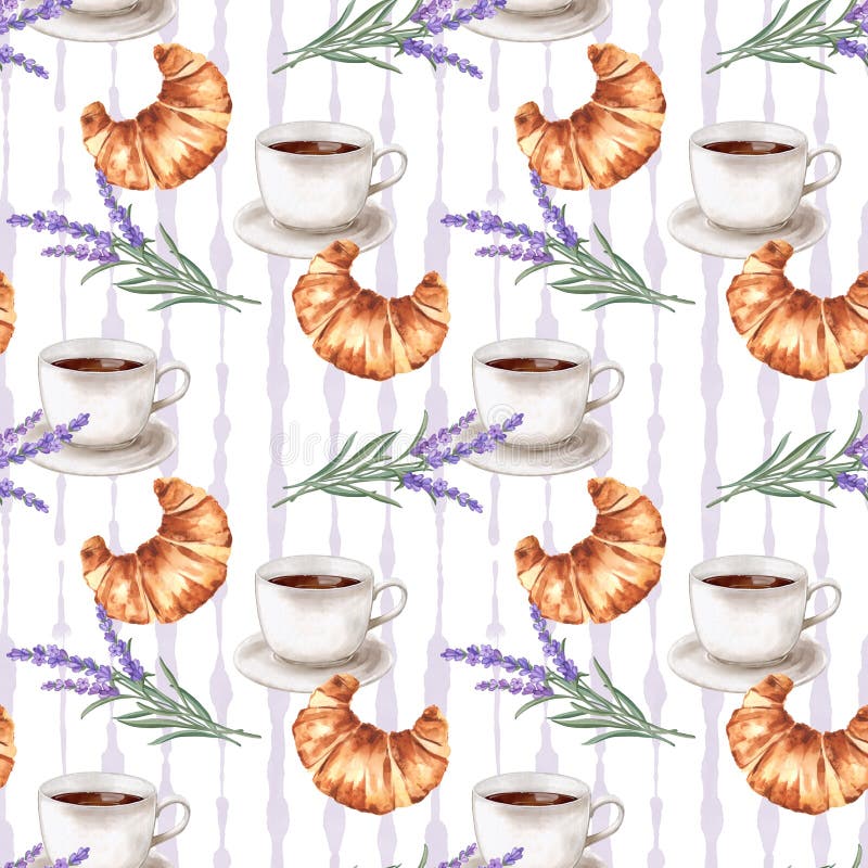 Seamless Breakfast Pattern. Cup of Coffee, Croissants and Lavender Stock Image - Image of ...