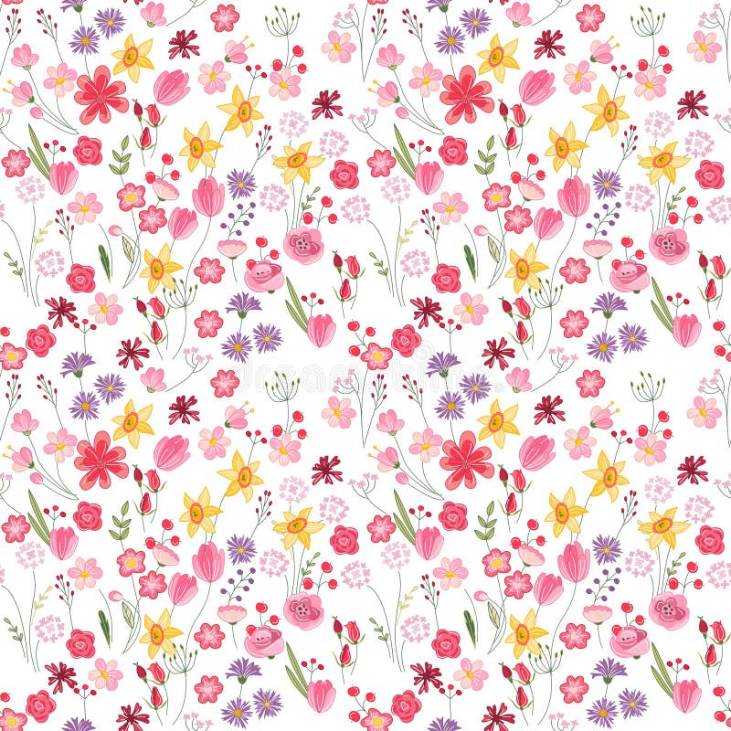 Seamless Bright Floral Pattern with Different Flowers. Stock Vector ...