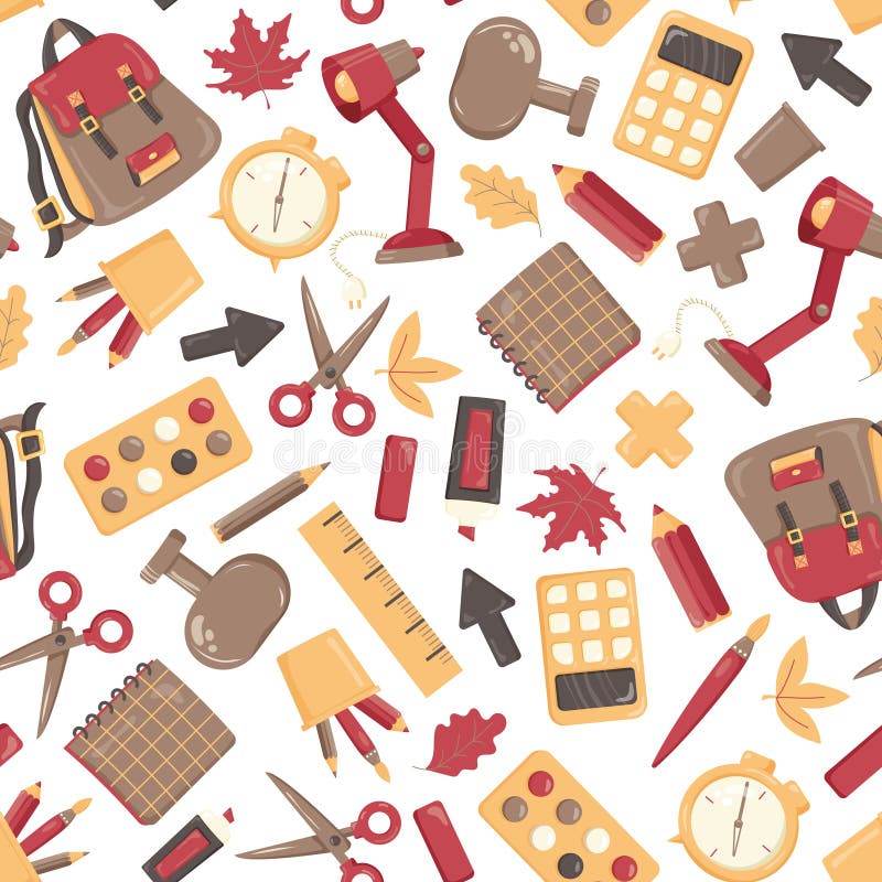 Seamless Bright Pattern of School Supplies on a White Background. Back ...