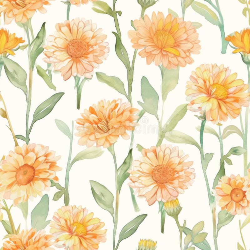 Seamless Calendula Pattern on White Background - Watercolor ...