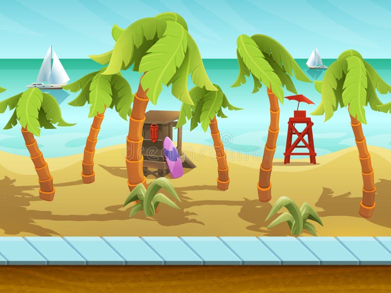 Seamless Cartoon Beach Landscape, Vector Unending Background with ...