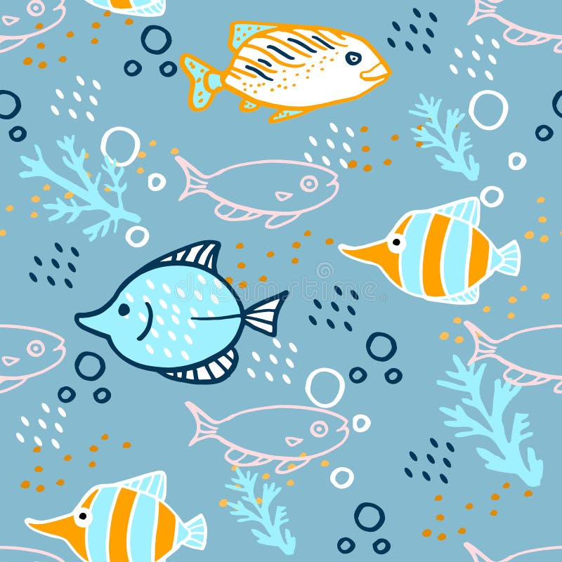 Seamless Background with Blue and Pink Ocean Fish on Blue Background ...