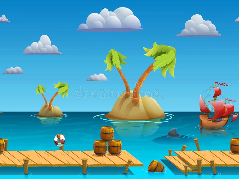 Seamless Cartoon Sea Landscape, Vector Unending Background with ...