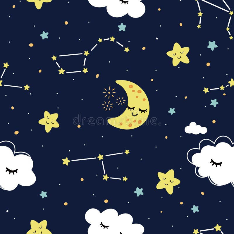 Cartoon Starry Background. Cloud, Crescent and Stars in Darkness Vector ...