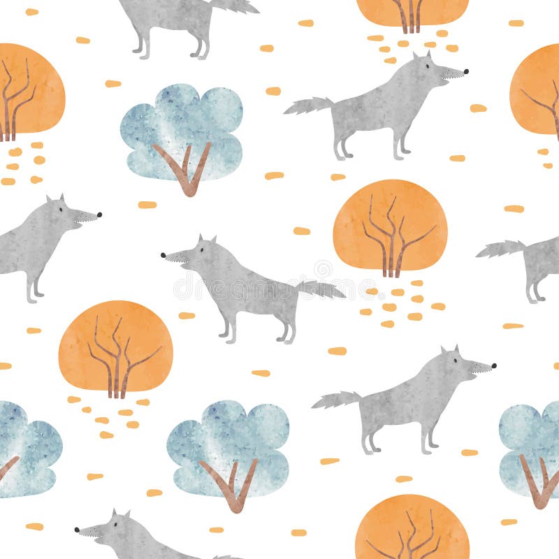 Seamless Cartoon Woodland Pattern with Wolf and Trees. Stock Vector ...