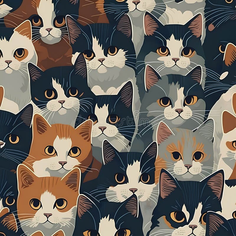 Seamless Cat Face Pattern Cat Background Cartoon Cat Breeds Vector ...