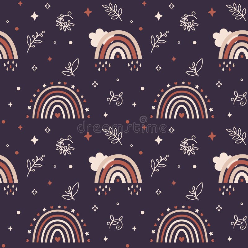 Seamless Celestial Cute Vector Pattern with Rainbows, Clouds, Rain ...