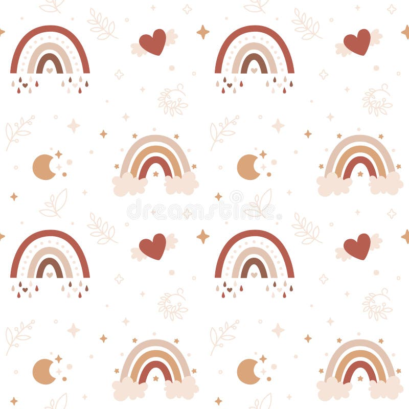 Seamless Celestial Cute Vector Pattern with Rainbows, Clouds, Rain ...