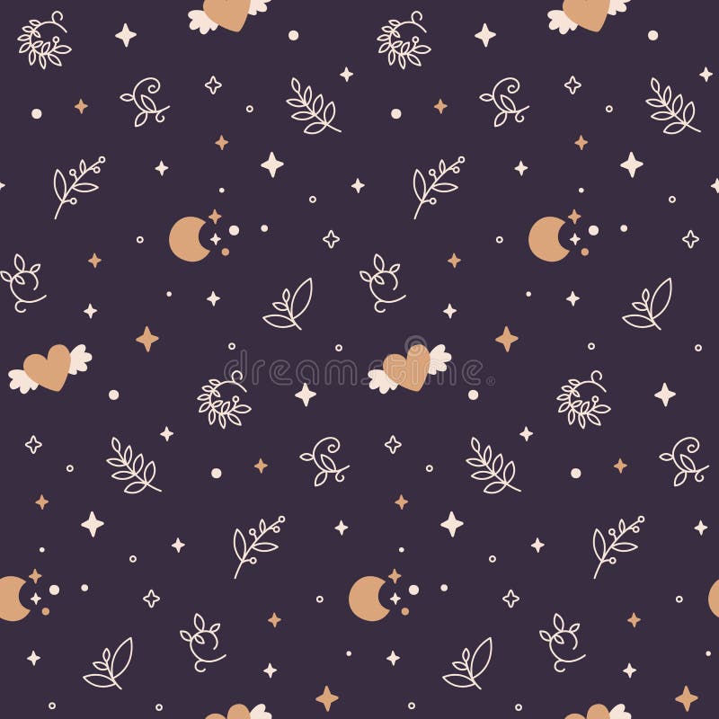 Seamless Celestial Cute Vector Pattern with Moon, Stars, Hearts, Leaves ...