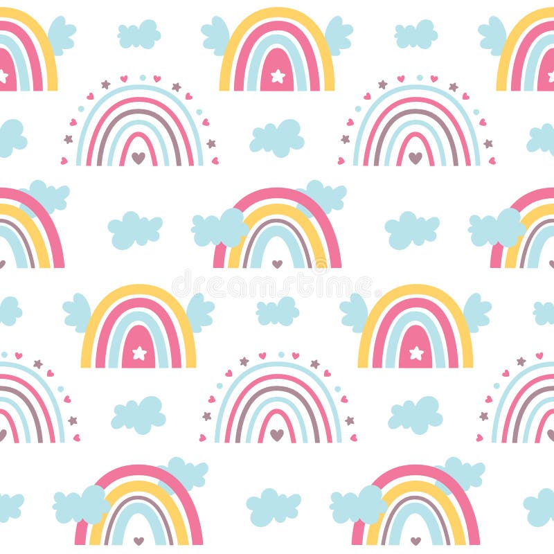 Seamless Celestial Cute Vector Pattern with Rainbows, Clouds, Rain ...