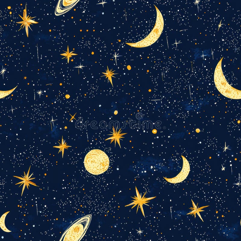 Seamless Celestial Pattern with Moons and Stars on Dark Background ...