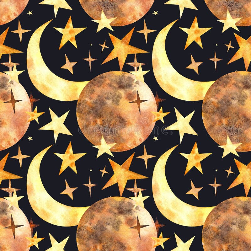 Seamless Celestial Pattern with Moons and Stars Stock Illustration ...
