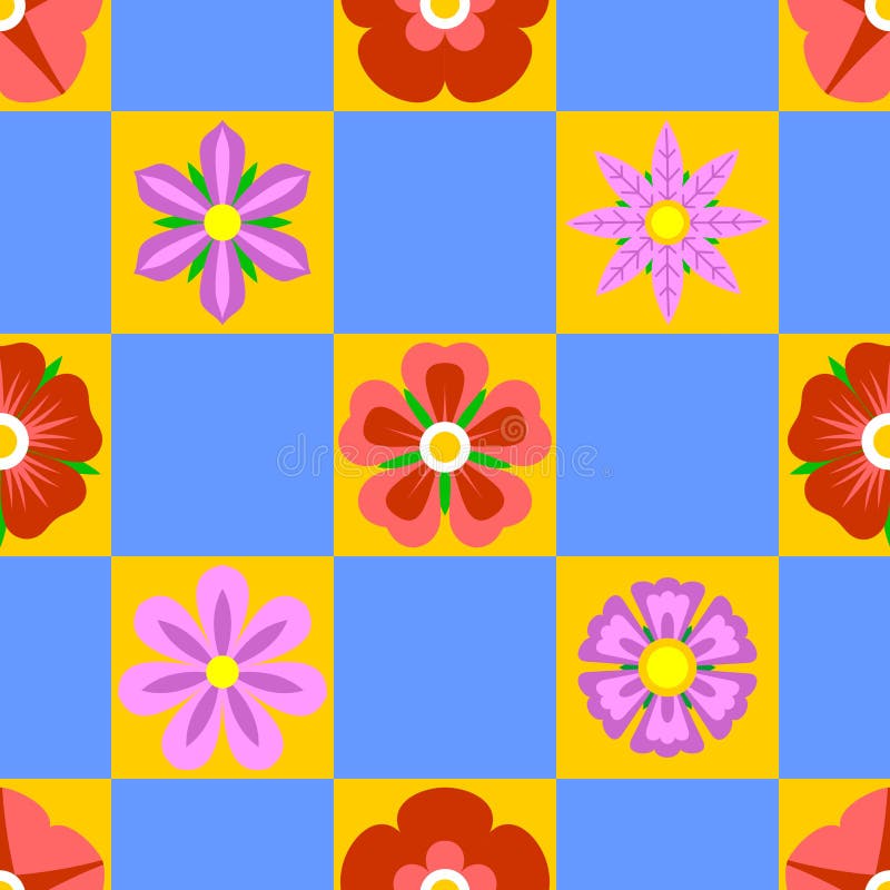 Seamless Checkered Pattern with .beautiful Multicoloured Flowers Stock ...