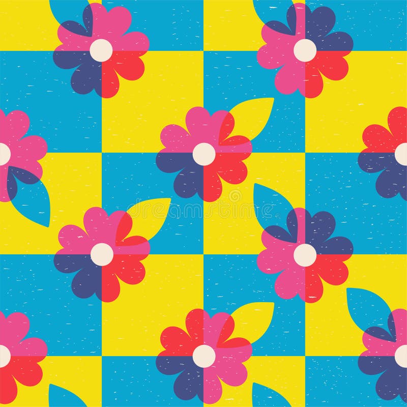 Seamless Checkered Pattern with Flowers in Risograph Style. Vector ...