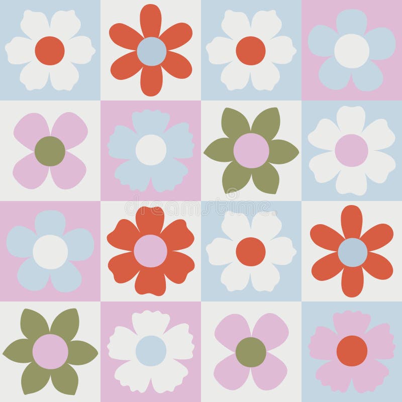 Seamless Checkered Pattern with Simple Flowers. Vector Graphics Stock ...