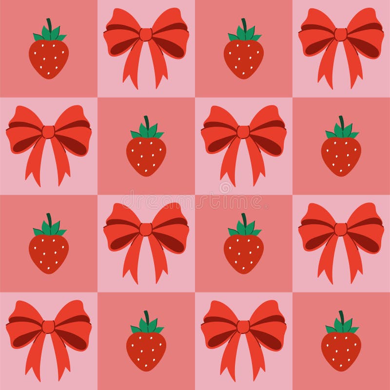 Seamless Checkered Pattern with Strawberries and Bows. Vector Graphics ...