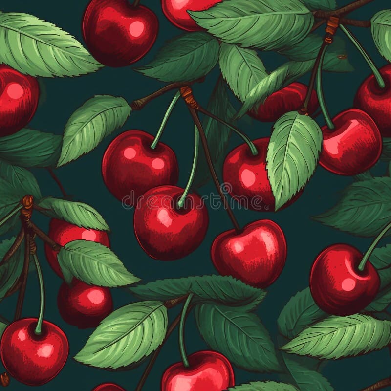 Seamless Cherry Pattern. Ripe Red Cherries in Emerald Leaves on a Green ...