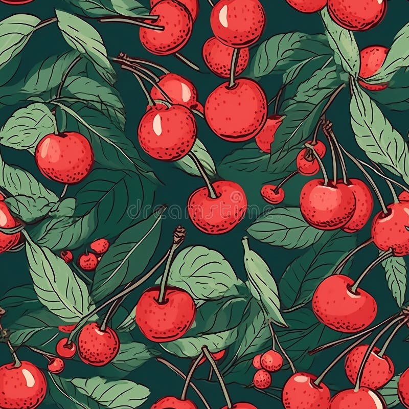 Seamless Cherry Pattern. Ripe Red Cherries in Leaves on a Green ...
