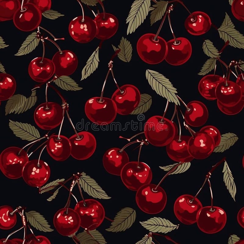 Seamless Cherry Pattern Ripe Red Ruby Cherry in Leaves on Black ...
