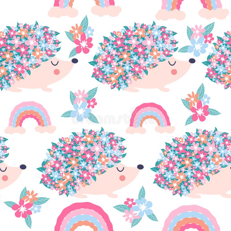 Seamless Childish Floral Pattern with Flowers and Cute Hedgehogs on ... Seamless Childish Floral Pattern with Flowers and Cute Hedgehogs on ...