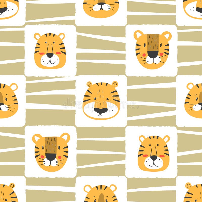 Seamless Childish Pattern with Cartoon Tigers. Vector Cute Animal ...