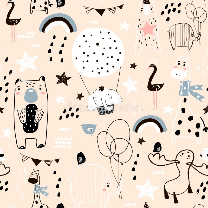 Seamless Childish Pattern with Cute Hand Drawn Animals and Textures ...