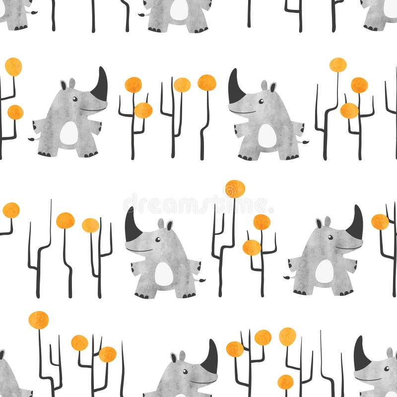 Seamless Childish Pattern with Cute Rhino and Abstract Trees Stock ...