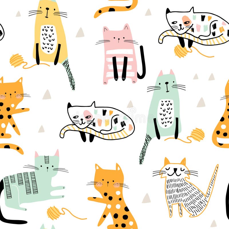 Seamless Childish Pattern with Hand Drawn Cats. Creative Kids Hand ...