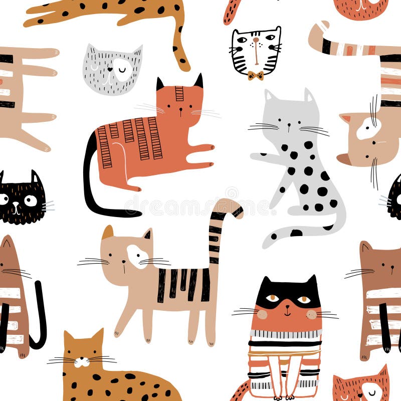 Seamless Childish Pattern with Hand Drawn Cats in Different Poses ...