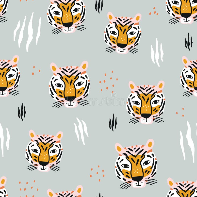 Seamless Childish Pattern with Tigers. Cartoon Tigers Heads. Perfect ...