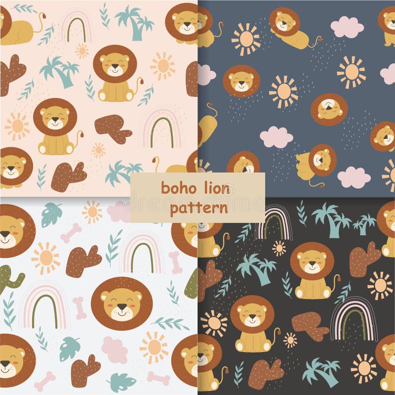 Seamless Children S Lion Pattern in Boho Style. Vector Illustration Stock Vector - Illustration ...