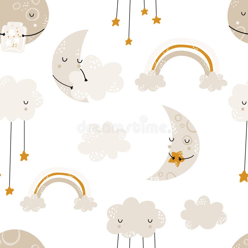 Seamless Childrens Hand-drawn Pattern with Cute Moons, Clouds and Stars ...