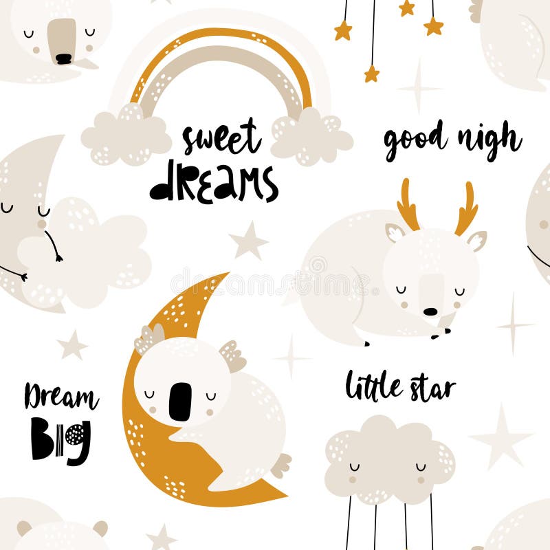 Seamless Childrens Hand-drawn Pattern with Cute Sleeping Animals ...