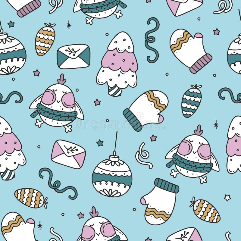 Seamless Christmas Pattern on Blue Background Vector Doodle Christmas ...