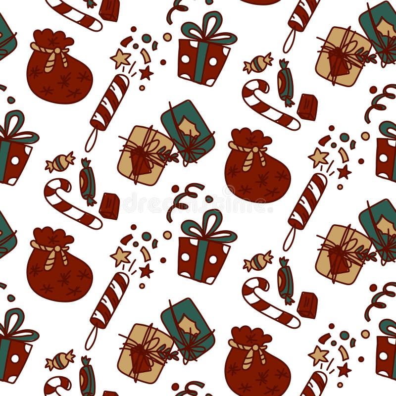 Seamless Christmas Pattern with Holiday Elements with a Red Outline ...