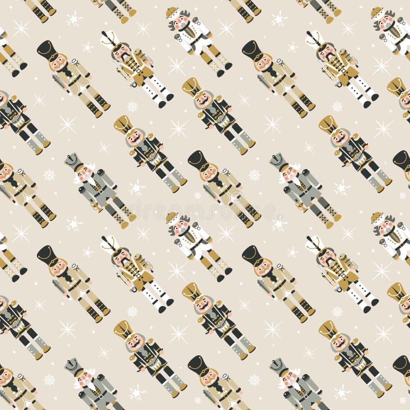 Seamless Christmas Pattern with Nutcrackers Ballerina in Vector on Beige. New Year Illustration ...