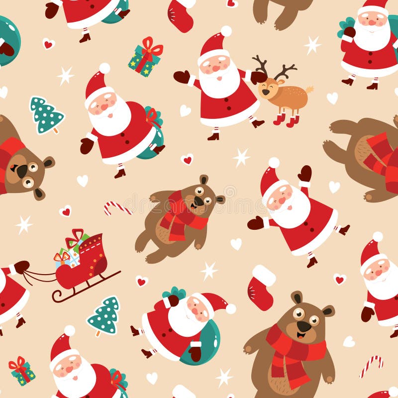 Seamless Christmas Pattern. Christmas Pattern with Santa Claus, a Deer, a Bear and Gifts Stock ...