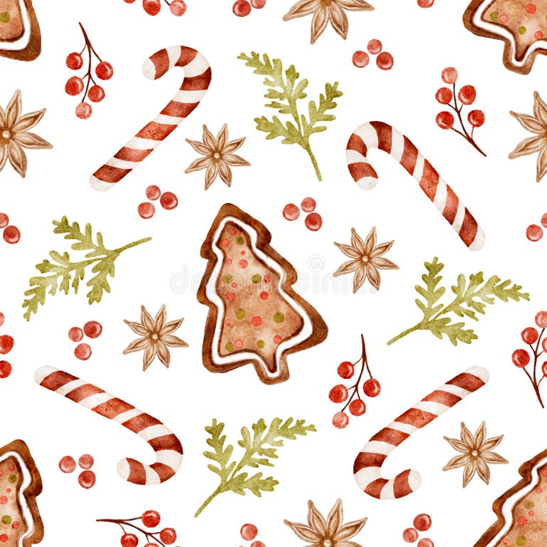 Seamless Christmas Pattern with Tree, Candies, Berries and Xmas ...